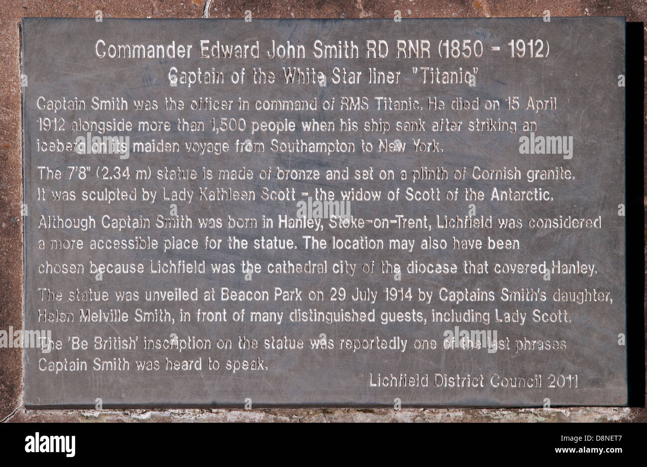 Plaque on statue of Commander Edward John Smith Captain of the Titanic ...