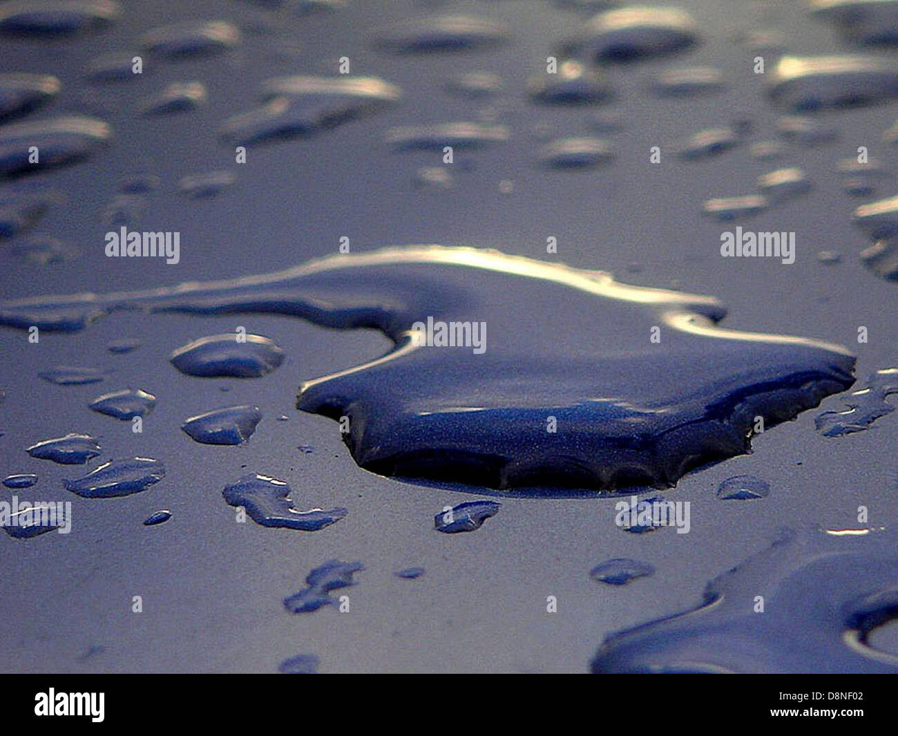 Water droplets from rain form on surfaces, reflecting light and ...