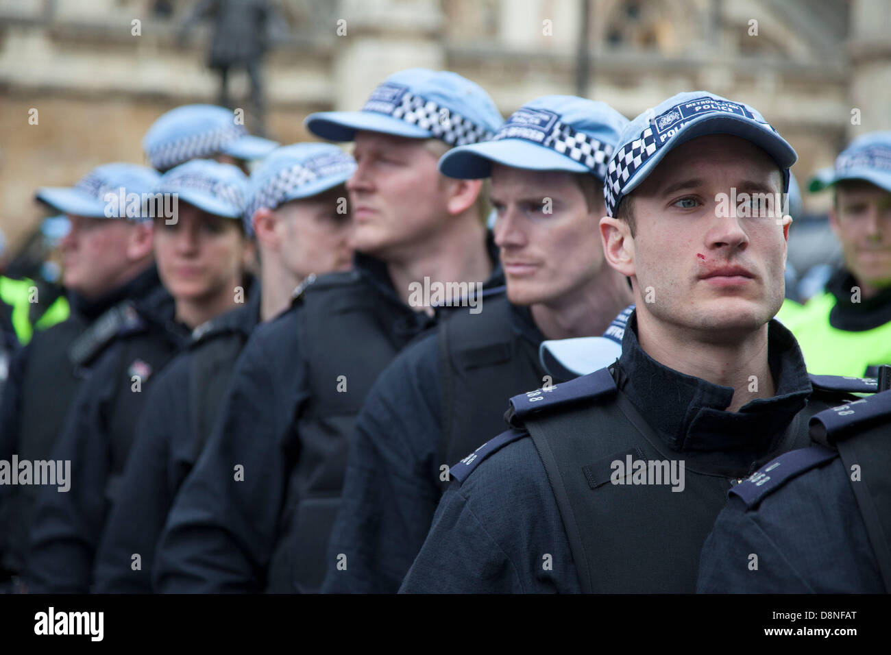 Police line to control demonstrators in Westminster against fascism and ...