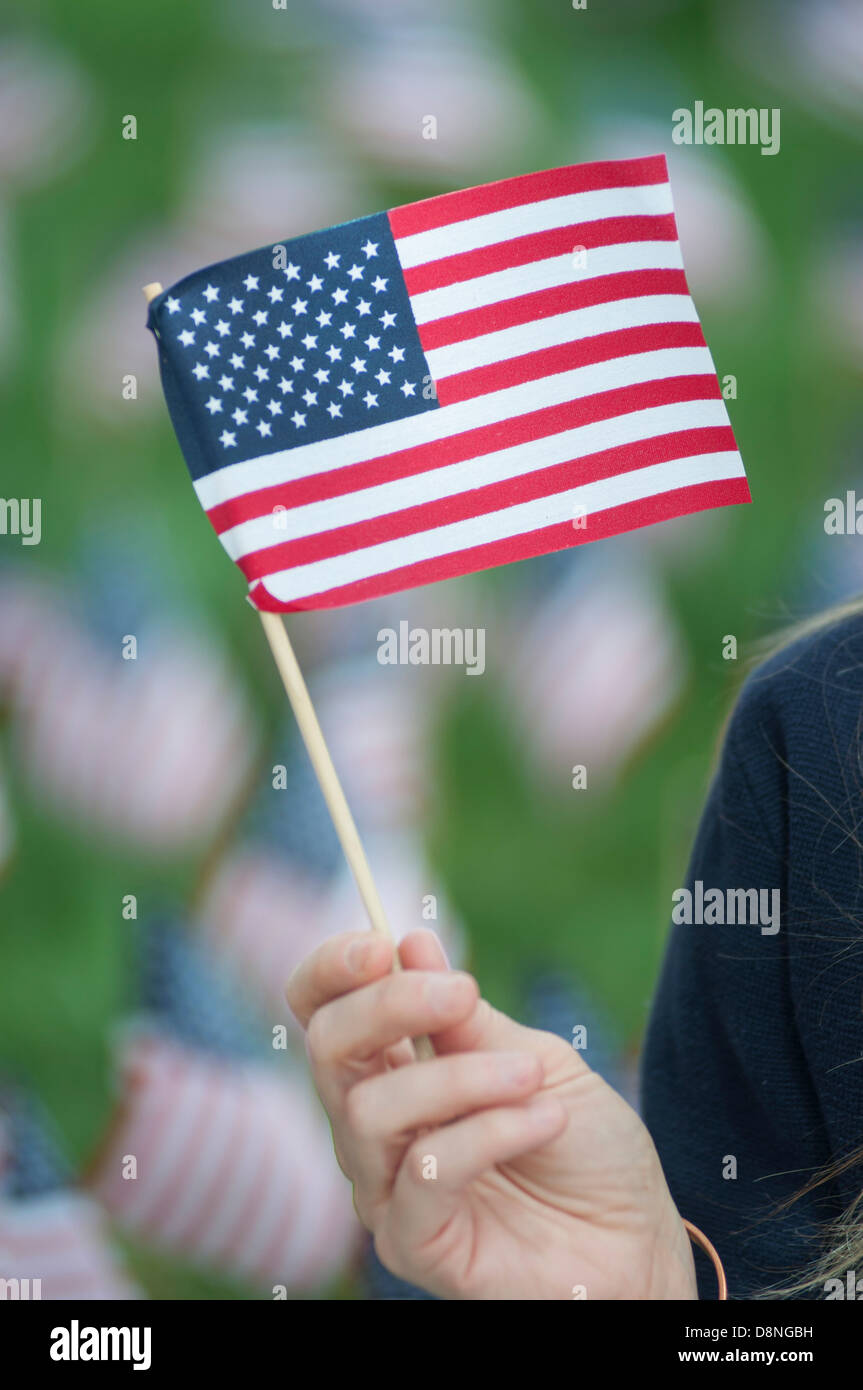 Hand holding United States flag in front of field of flags Stock Photo ...