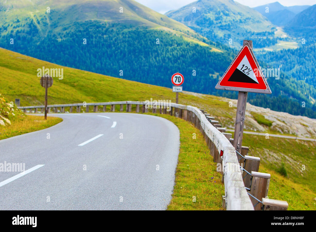 Alps road with road sign Stock Photo - Alamy