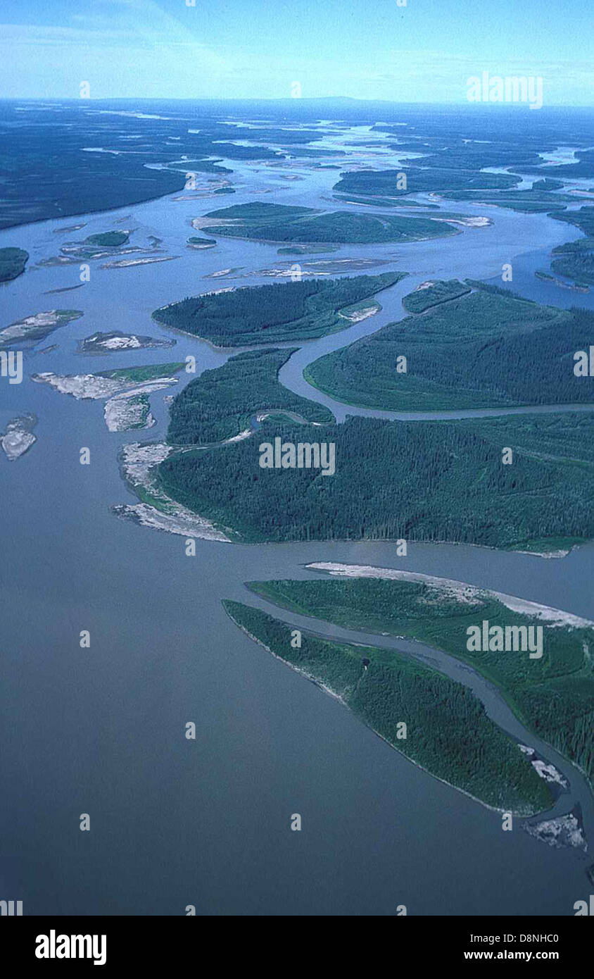 An aerial view of the Yukon River during summer, showcasing the river's ...