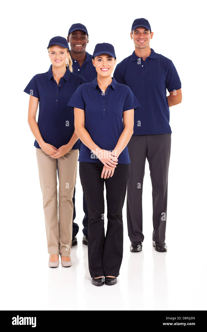group of delivery service staff full length portrait on white Stock ...