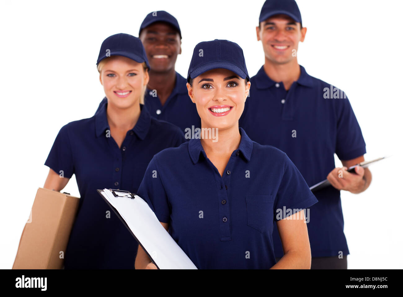 group of delivery service staff half length on white Stock Photo - Alamy