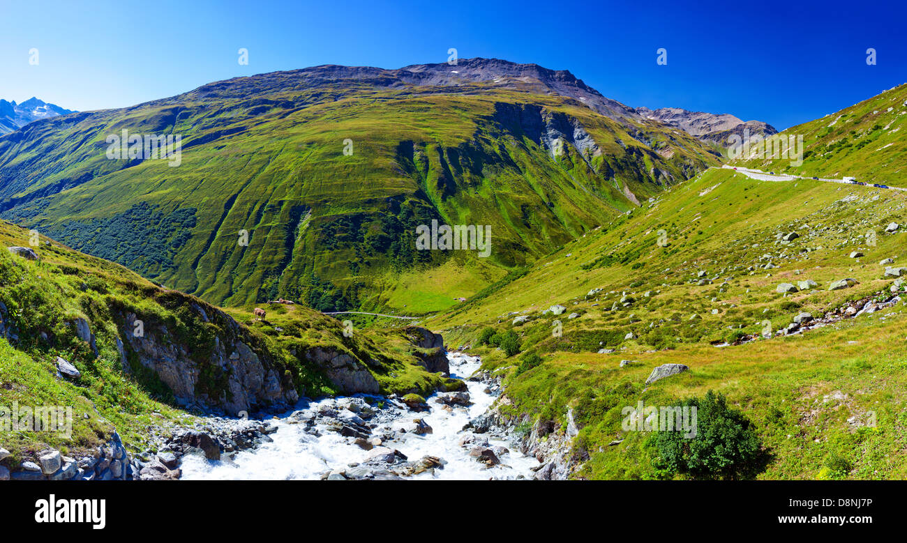 Alps mountains and river summer panorama Stock Photo - Alamy