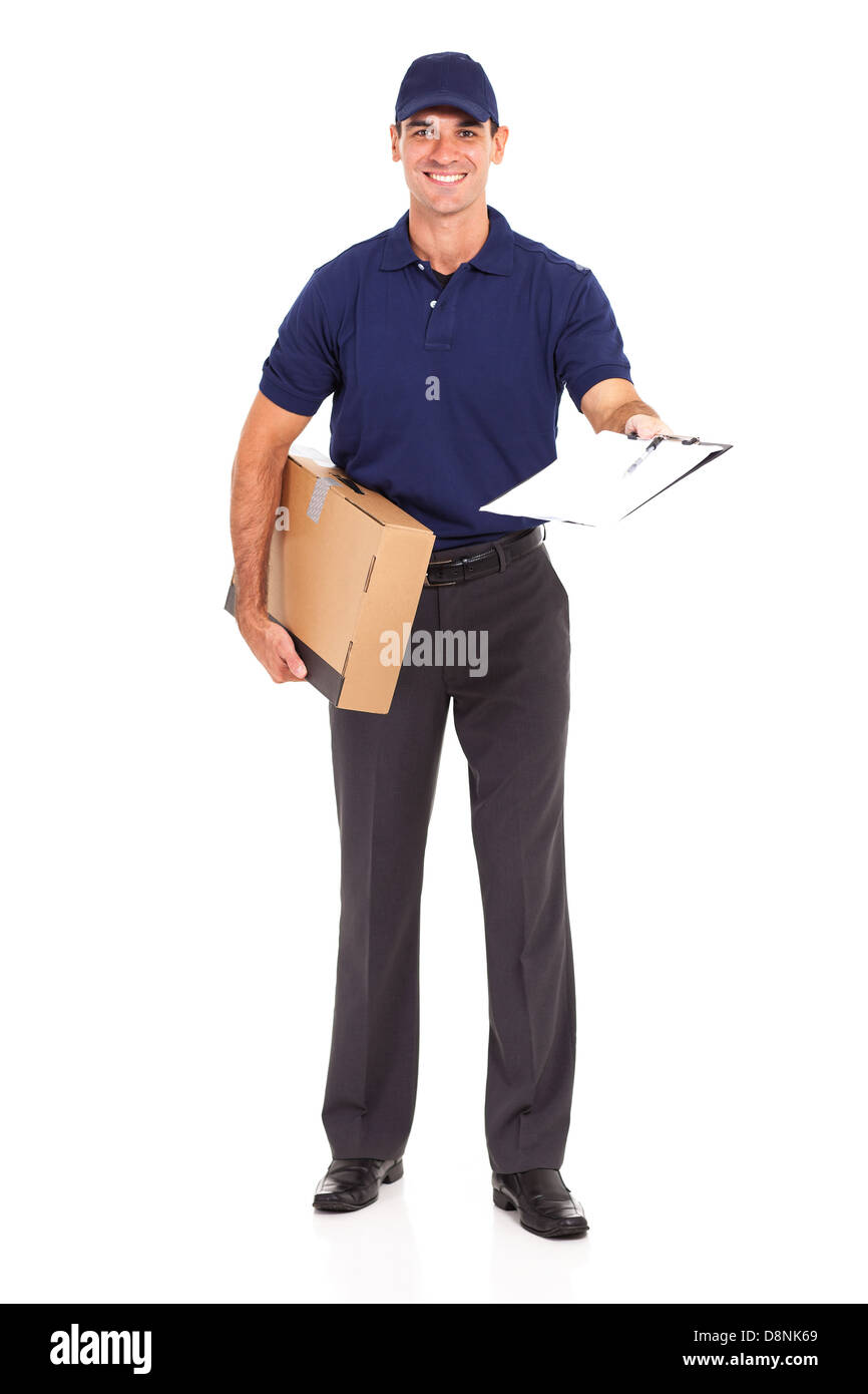delivery man carrying a parcel and presenting receiving form for ...