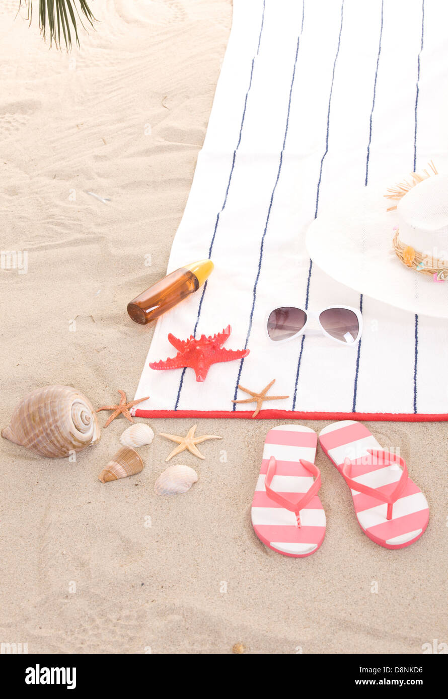 beach items on sand for fun summer holiday Stock Photo - Alamy