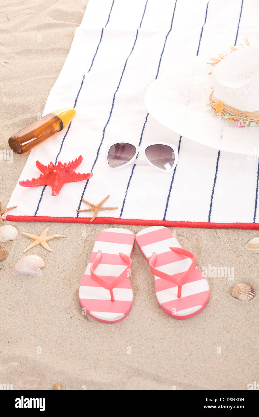 beach items on sand for fun summer holiday Stock Photo - Alamy