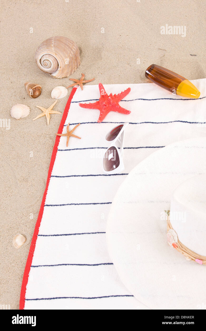 beach items on sand for fun summer holiday Stock Photo - Alamy