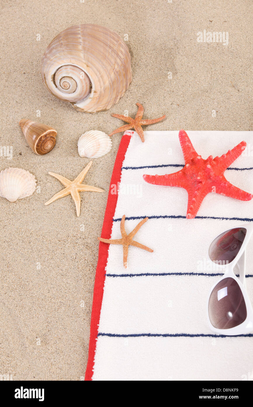 beach items on sand for fun summer holiday Stock Photo - Alamy
