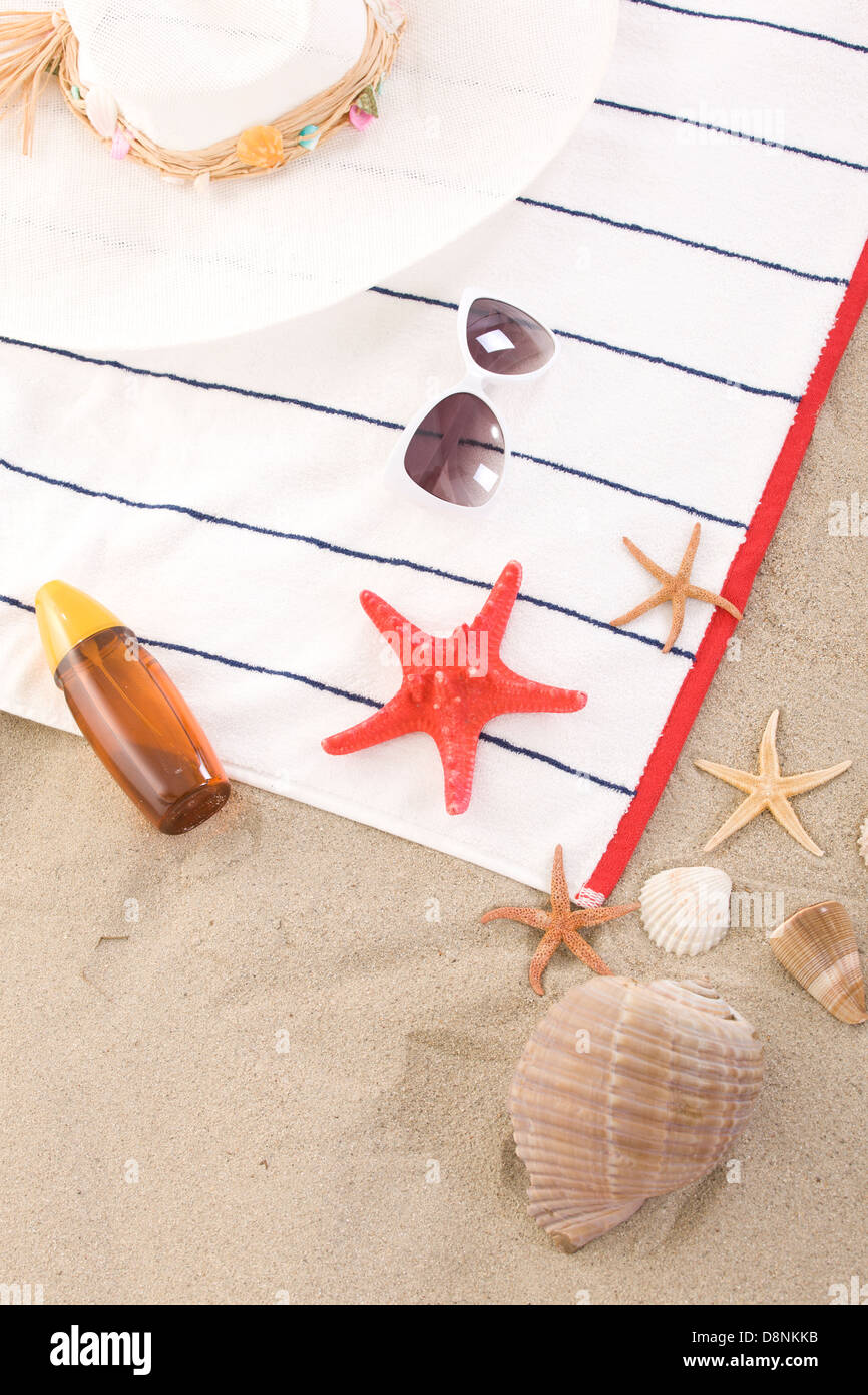 beach items on sand for fun summer holiday Stock Photo - Alamy