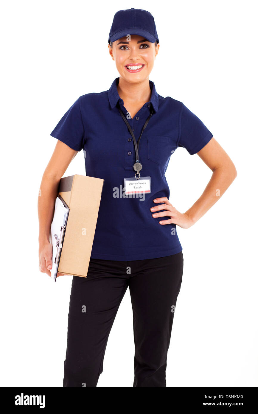 pretty delivery girl half length isolated on white Stock Photo - Alamy