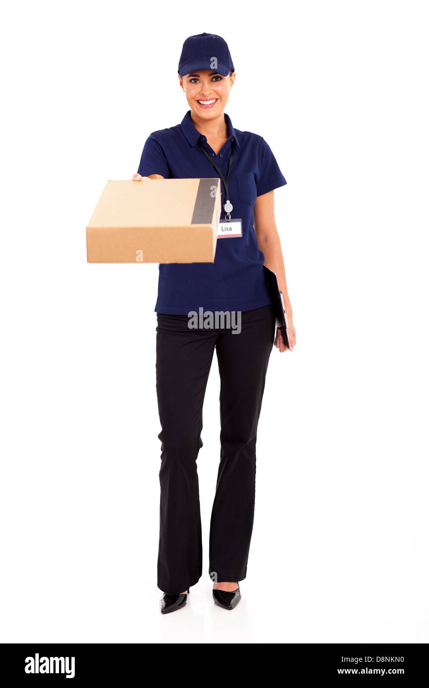 pretty female delivery worker delivering parcel Stock Photo - Alamy