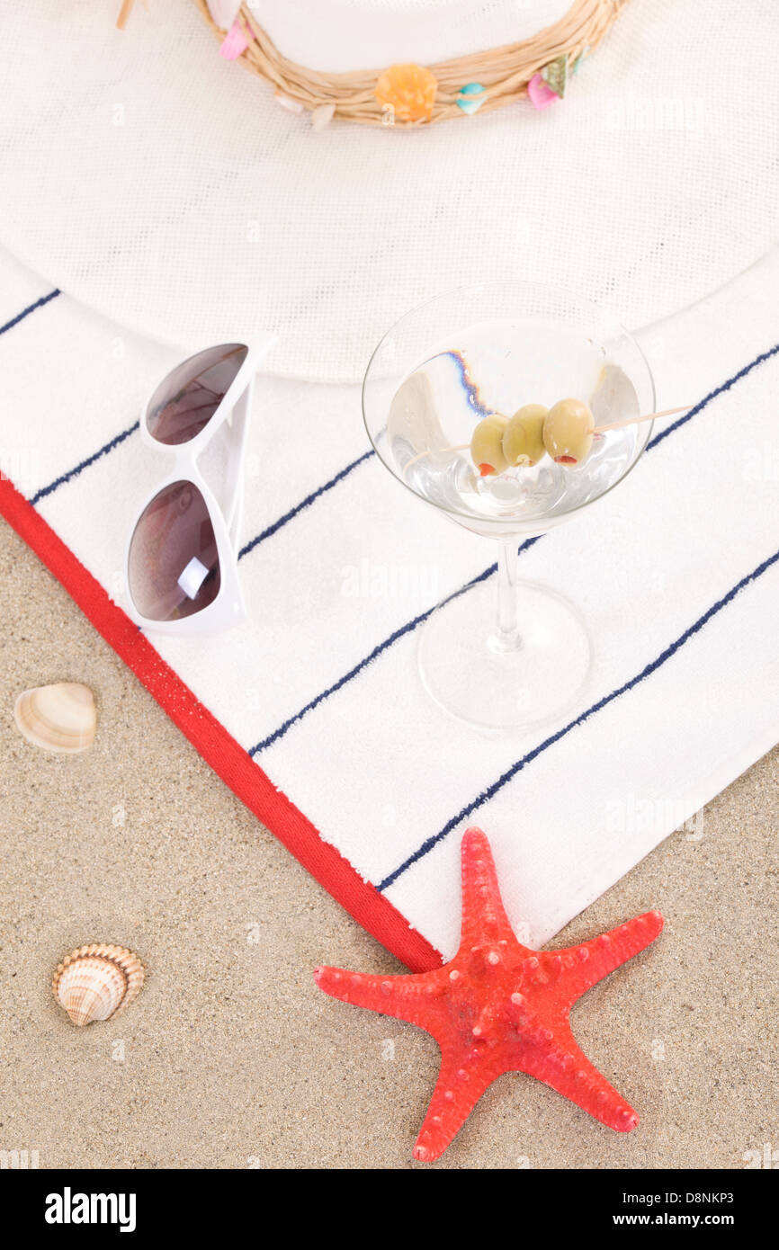 beach items on sand for fun summer holiday Stock Photo - Alamy