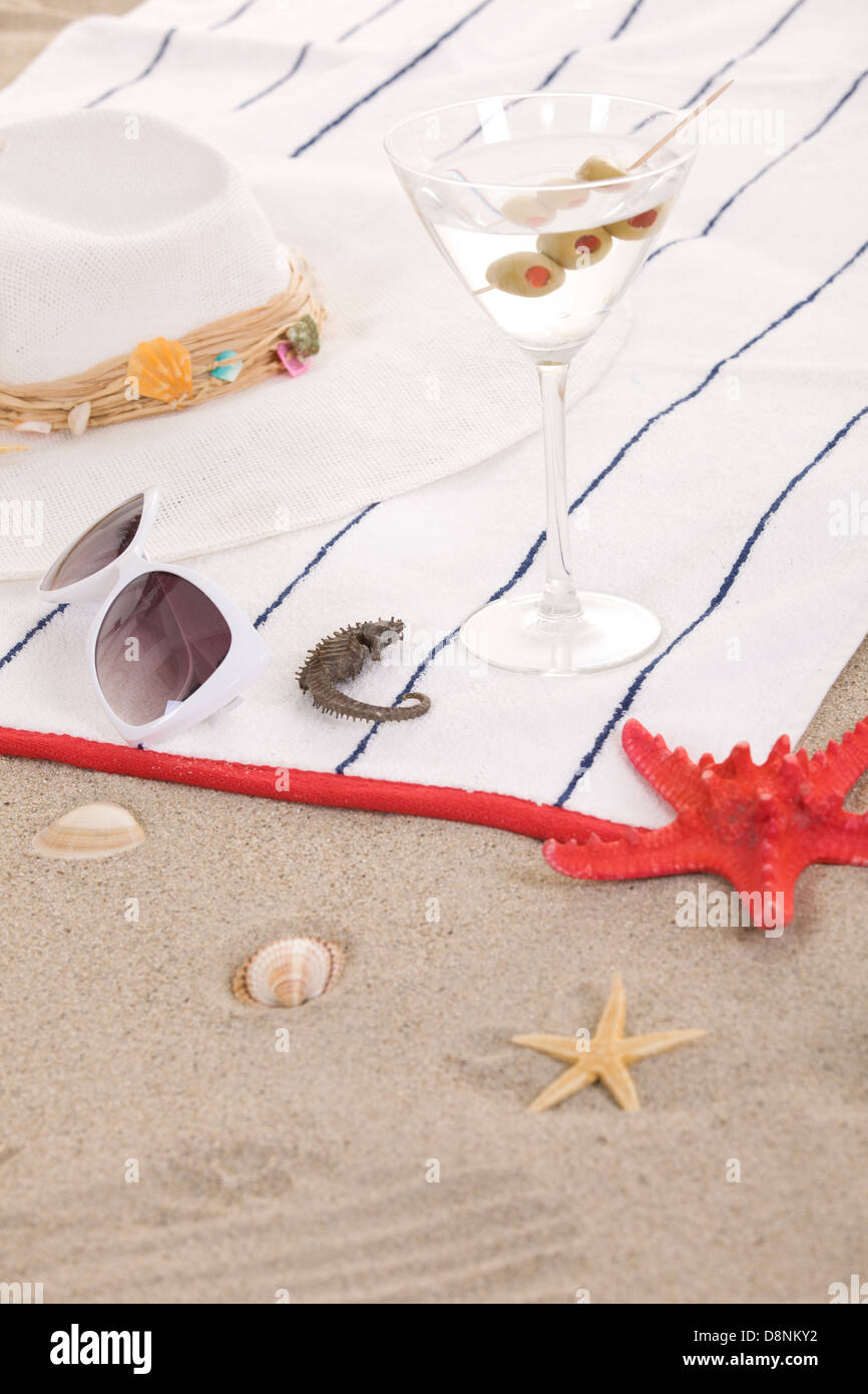 beach items on sand for fun summer holiday Stock Photo - Alamy