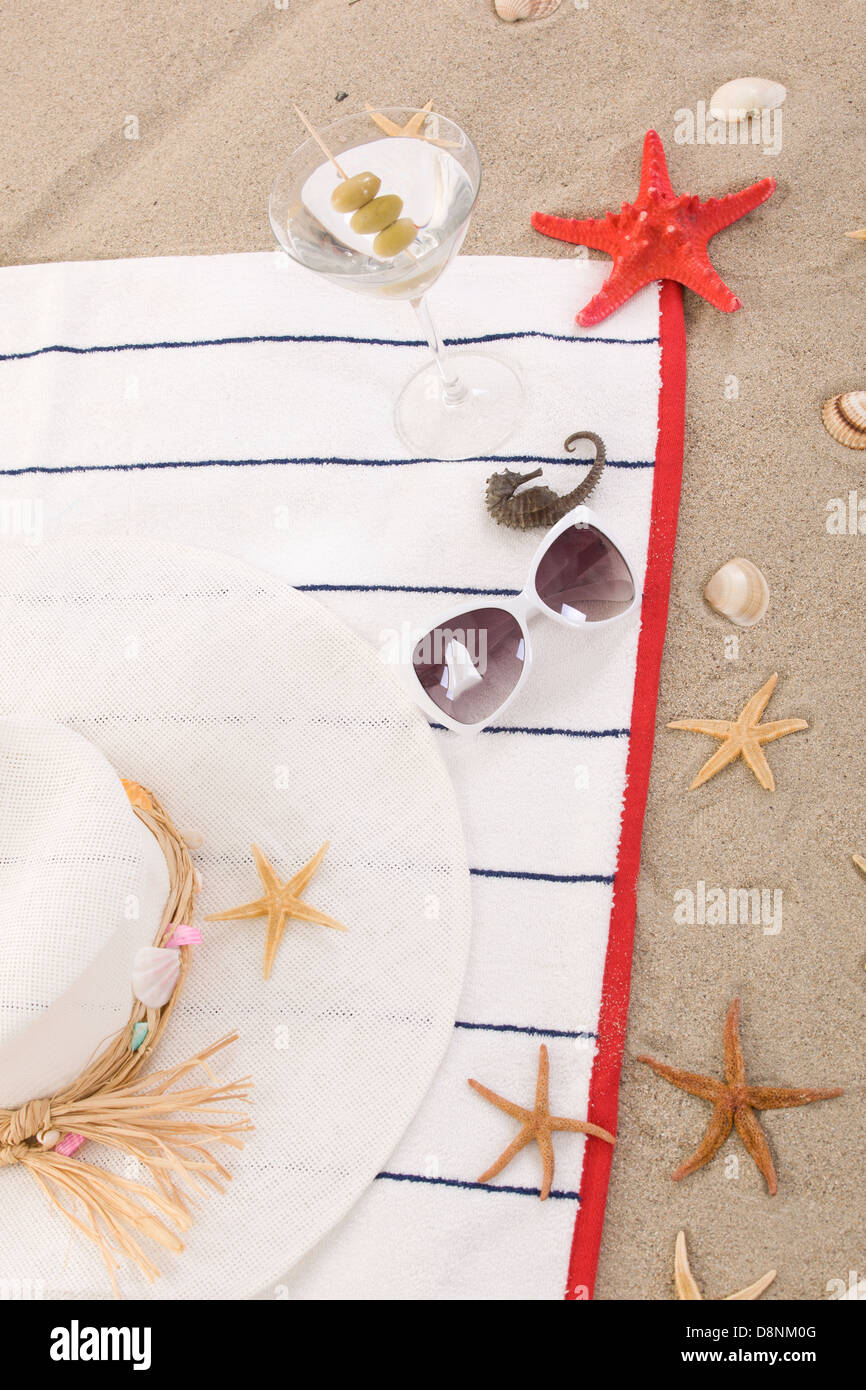 beach items on sand for fun summer holiday Stock Photo - Alamy