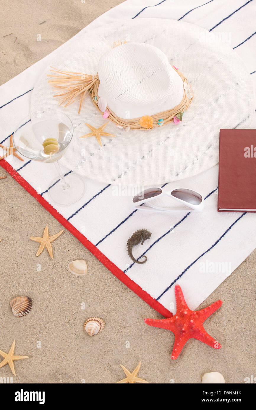 beach items on sand for fun summer holiday Stock Photo - Alamy