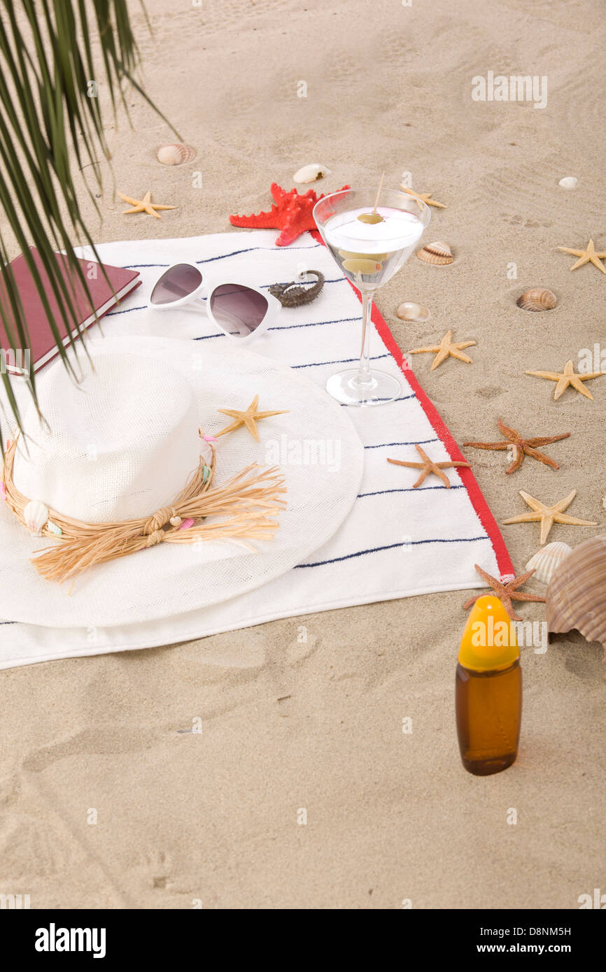 beach items on sand for fun summer holiday Stock Photo - Alamy