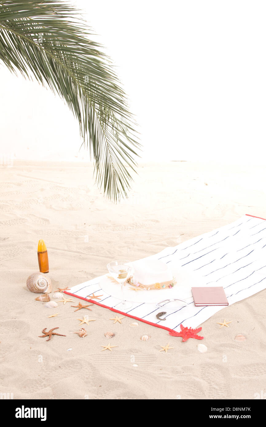 beach items on sand for fun summer holiday Stock Photo - Alamy
