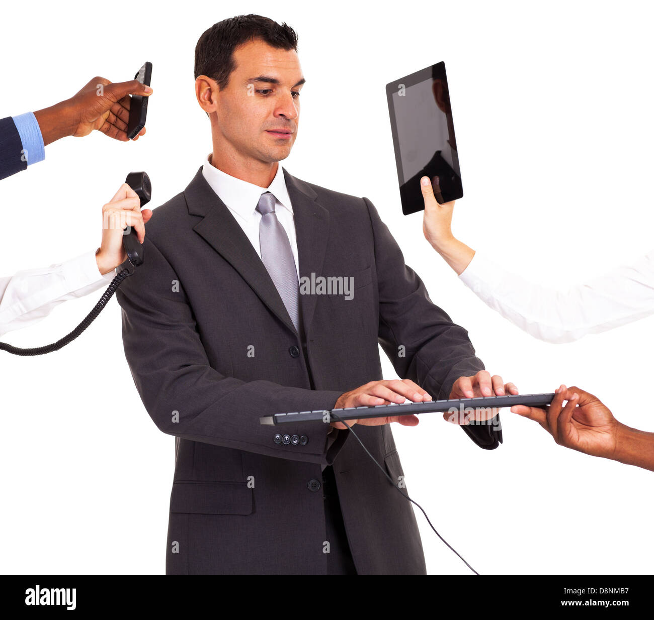 busy businessman working with multiple gadgets isolated on white Stock ...