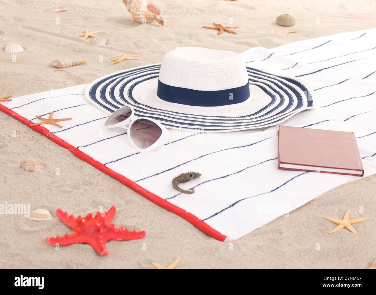 beach items on sand for fun summer holiday Stock Photo - Alamy