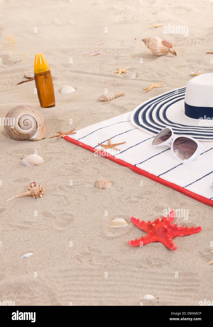 beach items on sand for fun summer holiday Stock Photo - Alamy