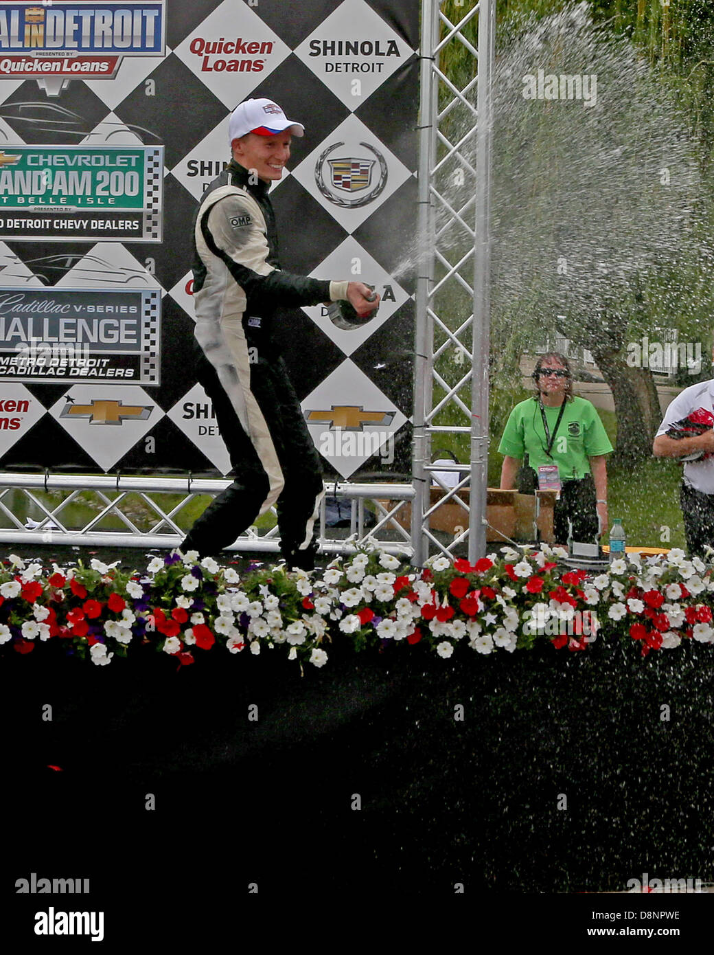 Detroit, MI, USA. 1st June, 2013. Mike Conway (18) celebrates in the ...