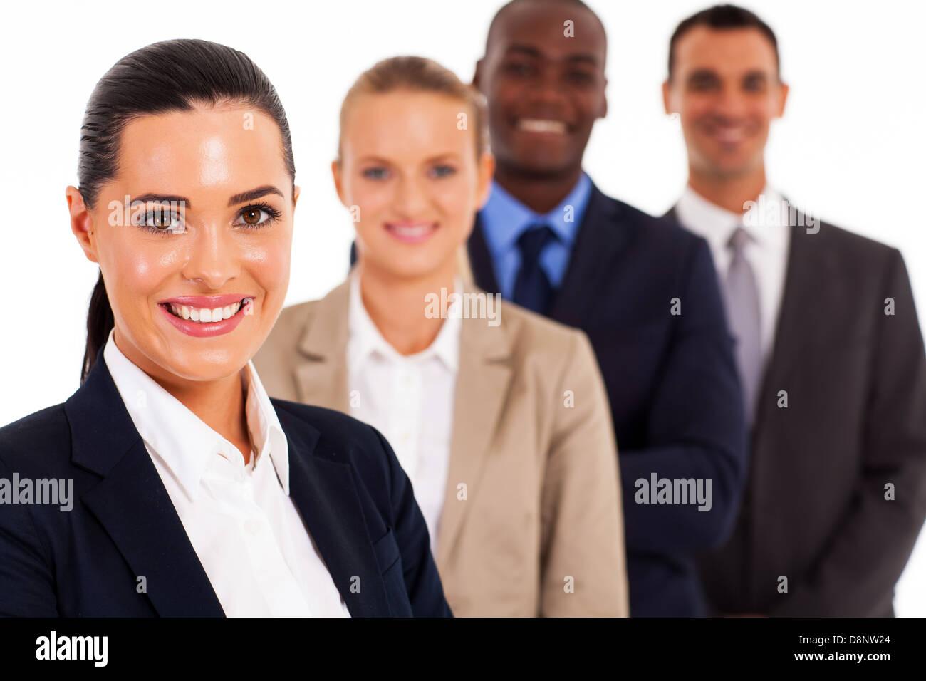 pretty female corporate worker and team on white Stock Photo - Alamy