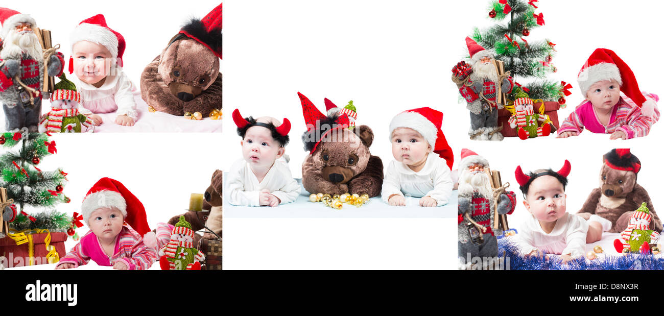 Collage of Santa baby girl and toy in Christmas on isolated white ...