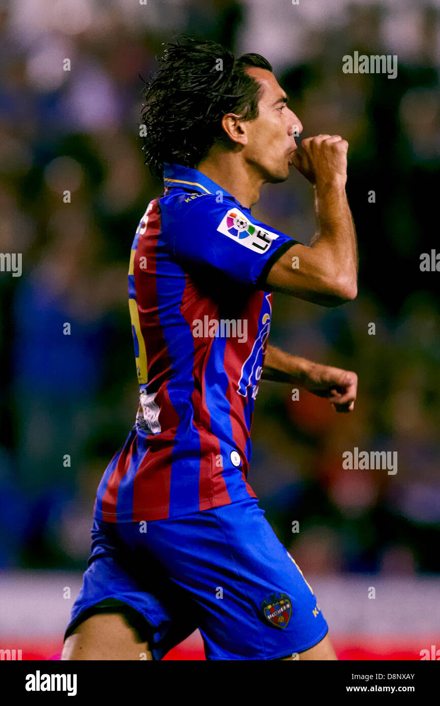 Valencia, Spain. 1st June, 2013. A. J. Rios of Levante UD celebrates ...