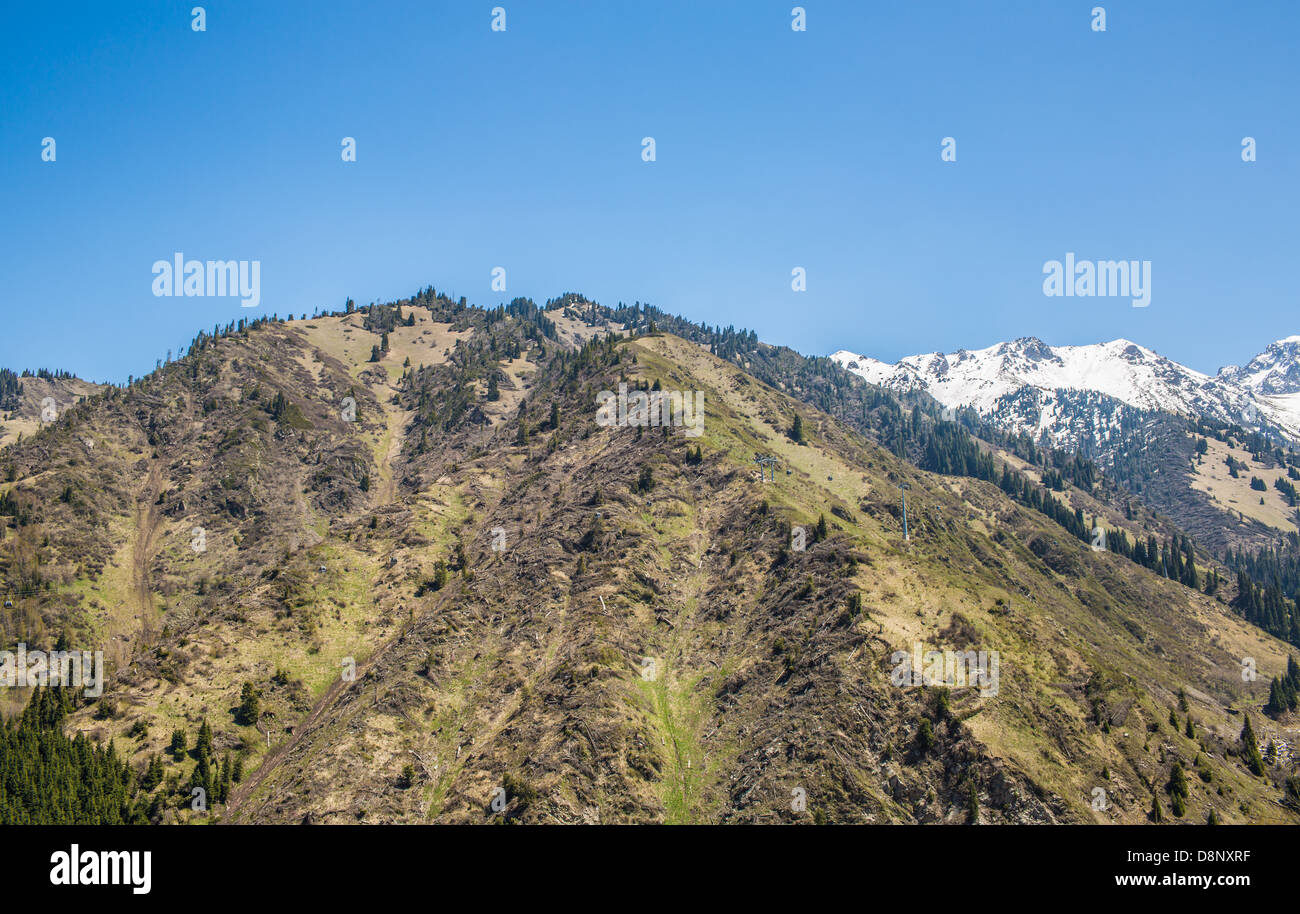 Panorama of nature green mountains, snow and blue sky in Chimbulak ...