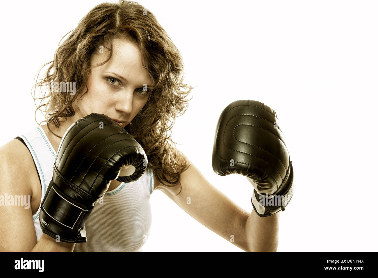 Sportswoman boxer fit woman boxing - isolated over white background ...