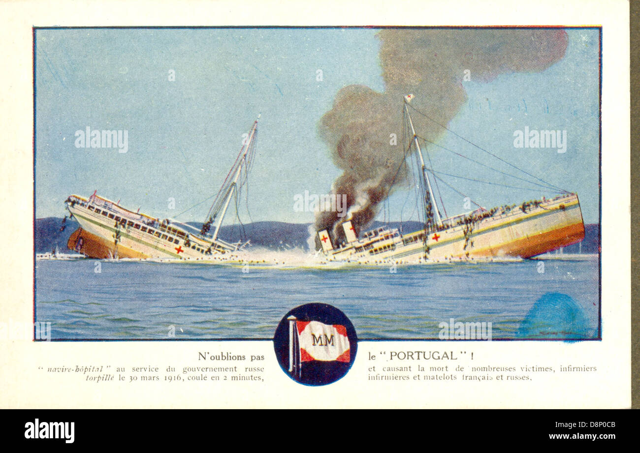 World War One French postcard of the sinking of the Hospital Ship ...
