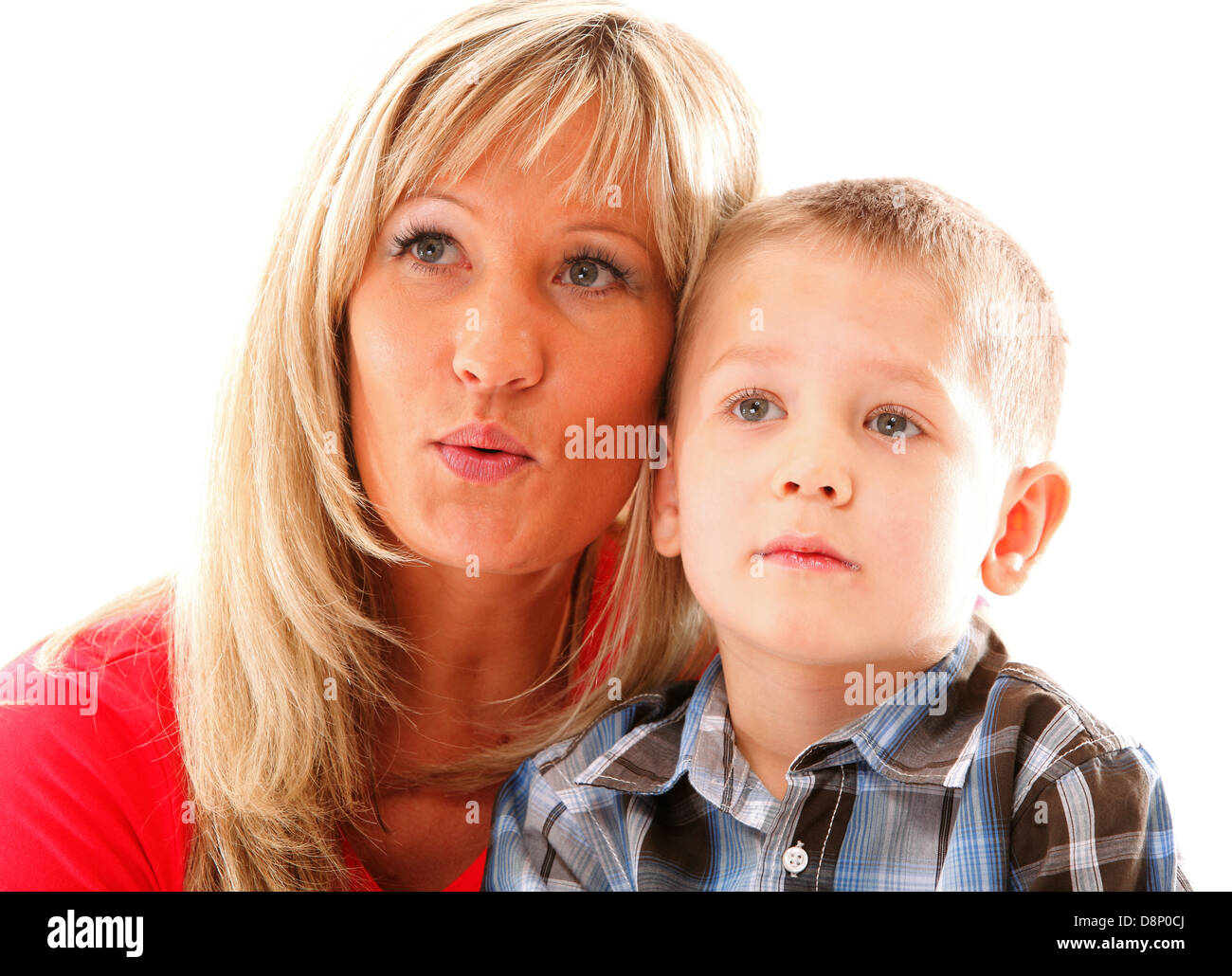 Portrait of a happy mature mother with child 6 years boy isolated on ...