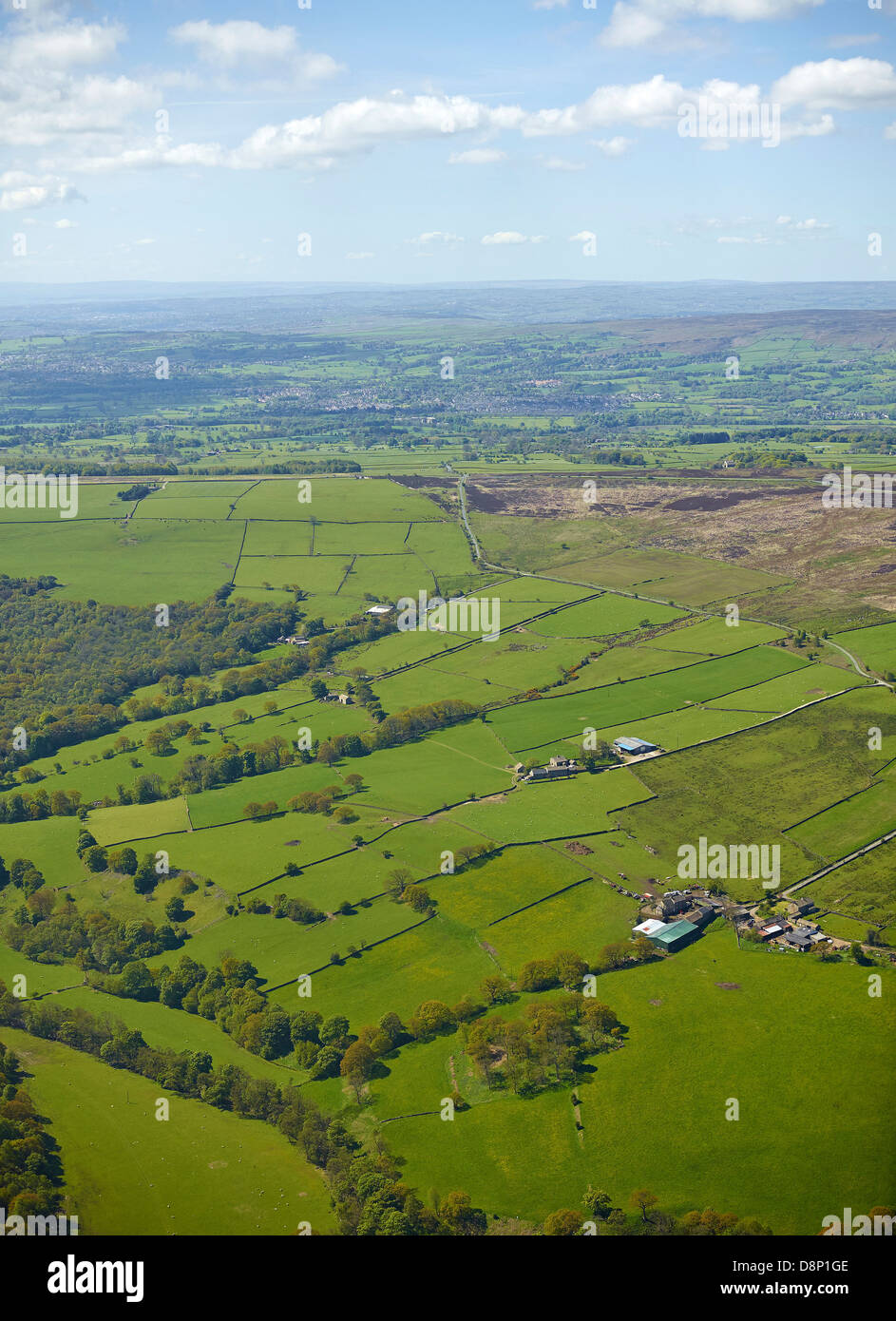 Pennine farmland to the west of Haworth, shot from the air, West ...