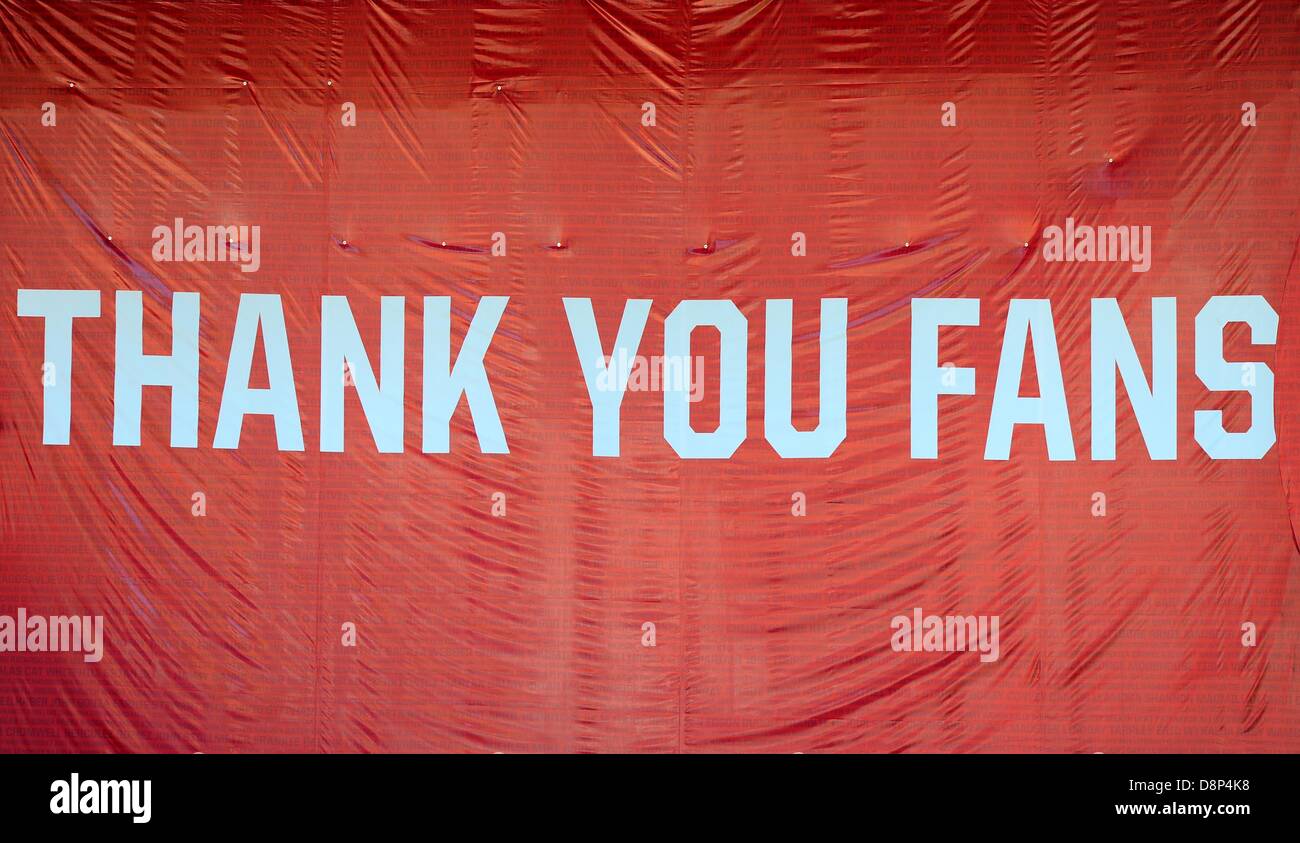 Banner with inscription 'Thank you fans' stands in the stadium during ...