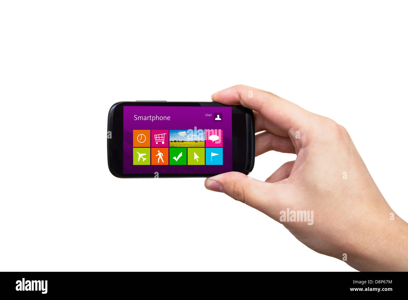 Hand holding smartphone with modern metro UI interface Stock Photo - Alamy