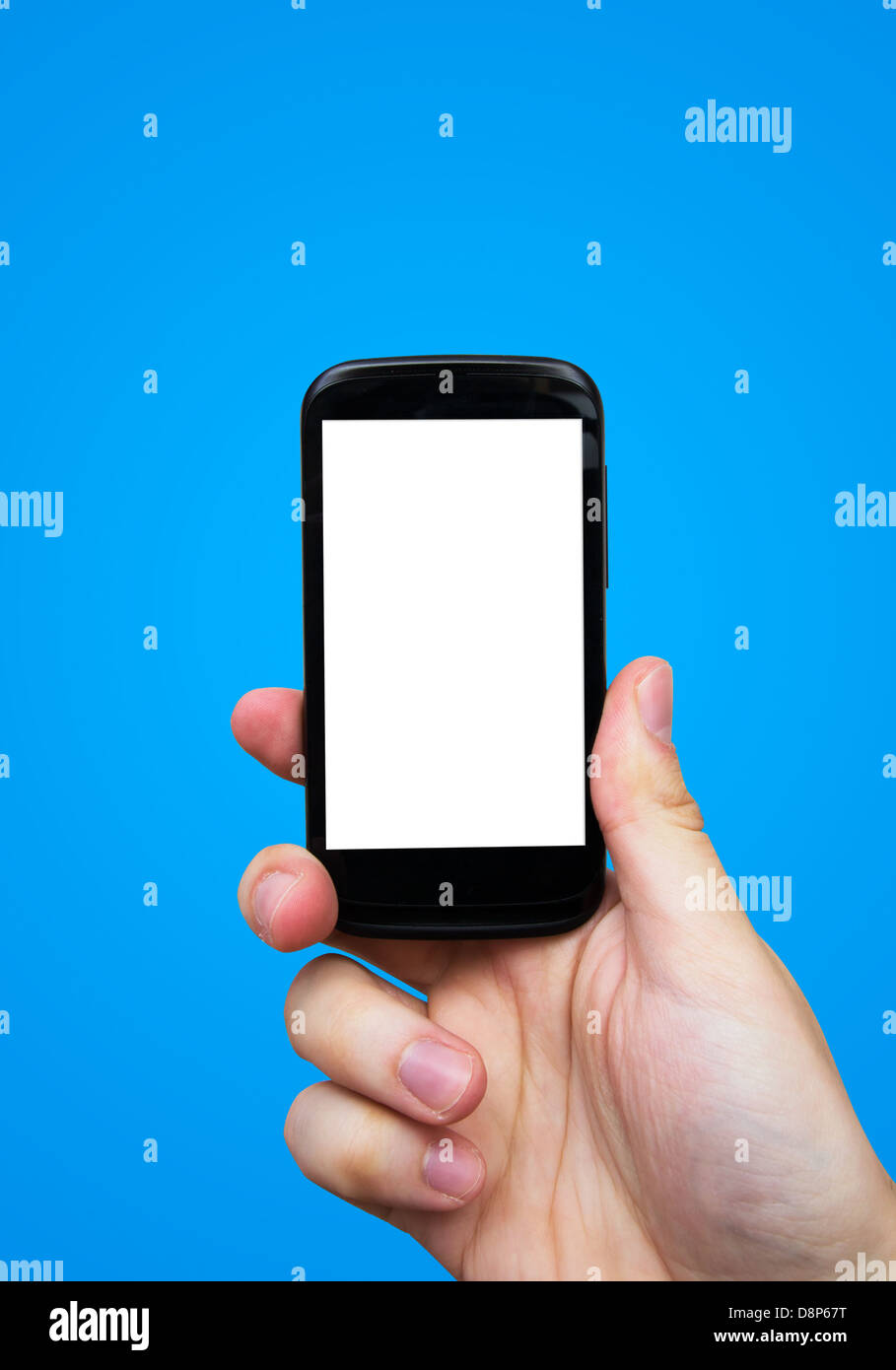 Hand holding mobile phone. Smartphone with blank display Stock Photo ...