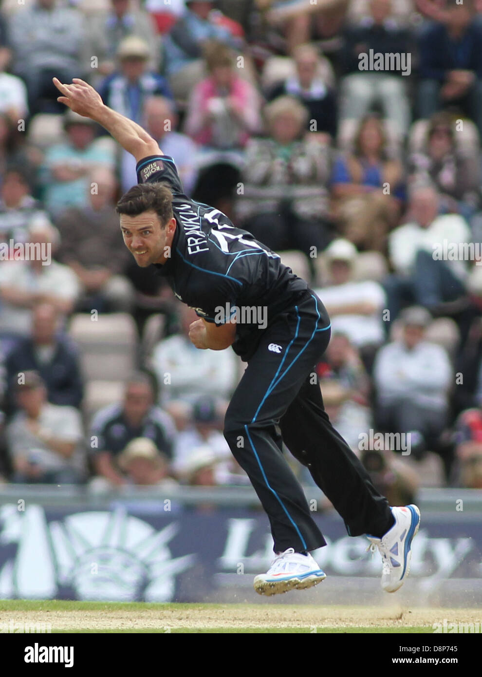 Southampton, UK. 2nd June, 2013. New Zealand's James Franklin bowling ...