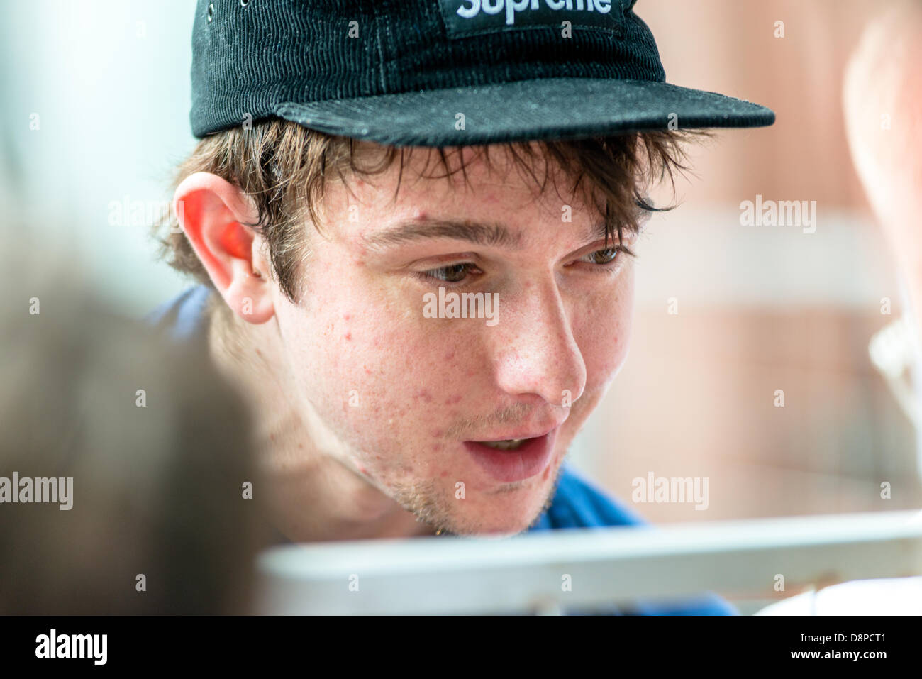 Moscow, Russia. 1st June, 2013. Thom Green (Alt-J) autographs on Moscow ...