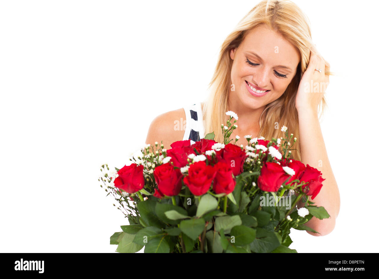 Woman receive red roses hi-res stock photography and images - Alamy