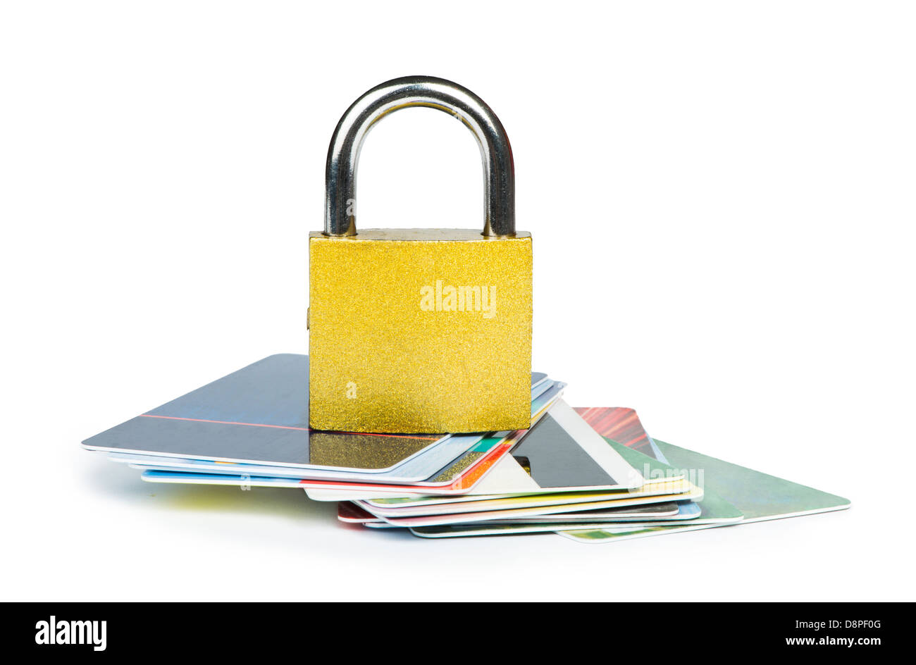 Grey locked padlock and credit cards. Isolated studio shot Stock Photo ...