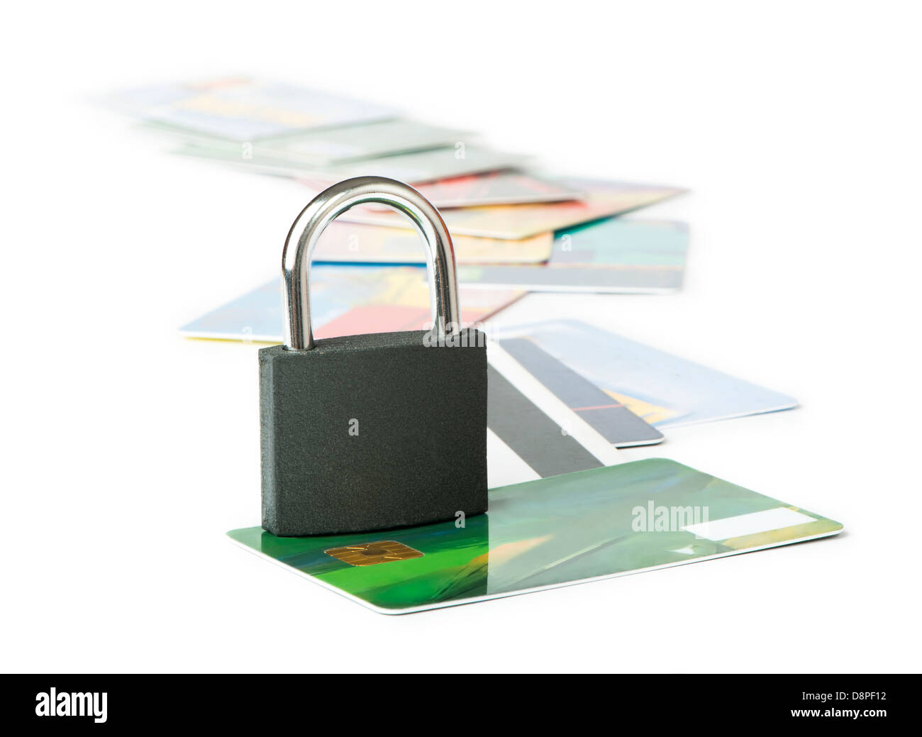 Grey locked padlock and credit cards. Isolated studio shot Stock Photo ...