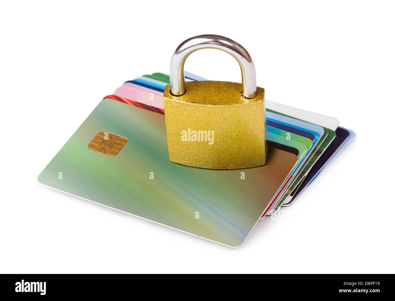 Grey locked padlock and credit cards. Isolated studio shot Stock Photo ...