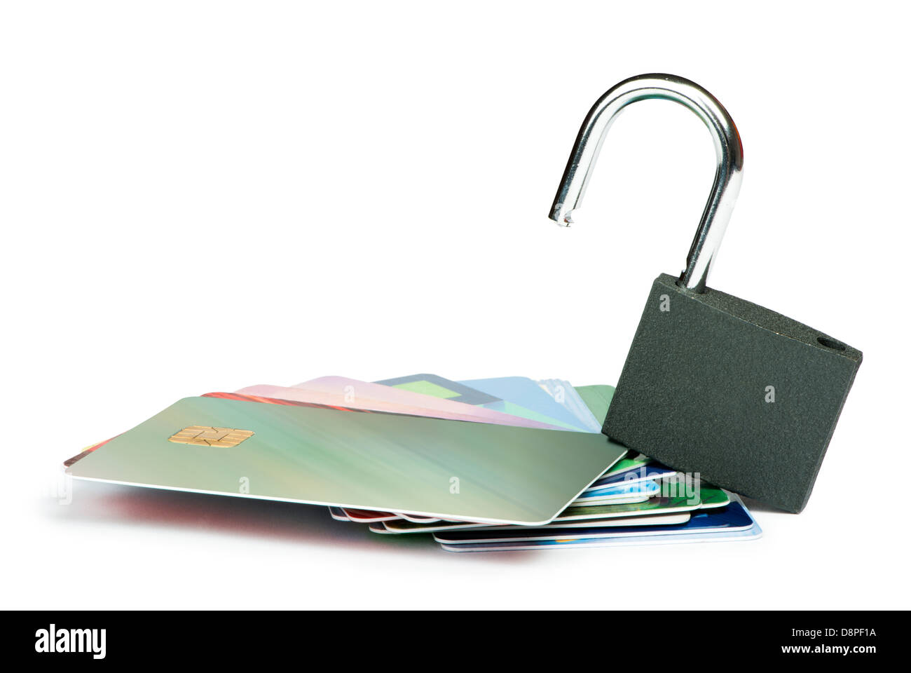 Grey locked padlock and credit cards. Isolated studio shot Stock Photo ...