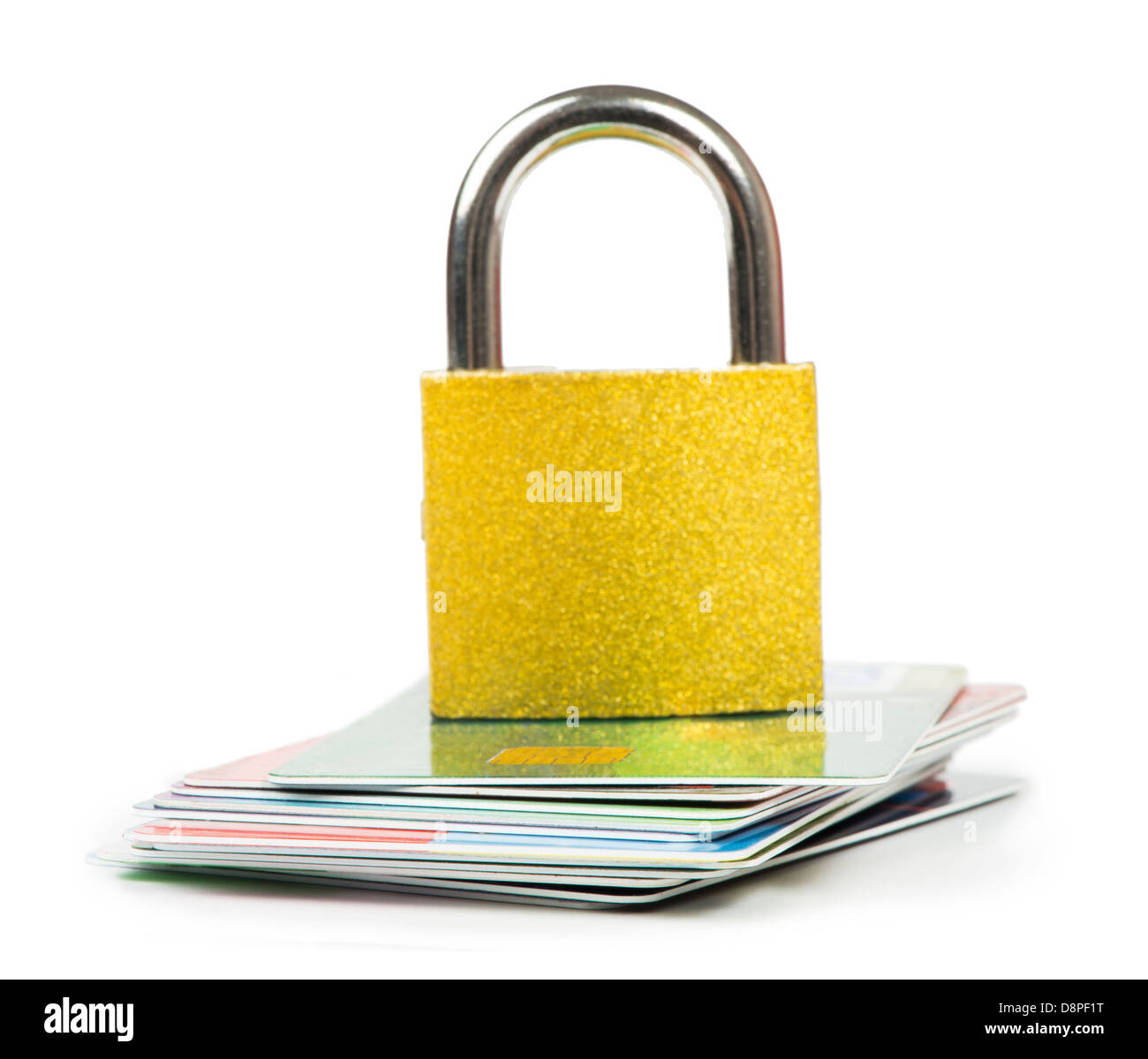 Grey locked padlock and credit cards. Isolated studio shot Stock Photo ...