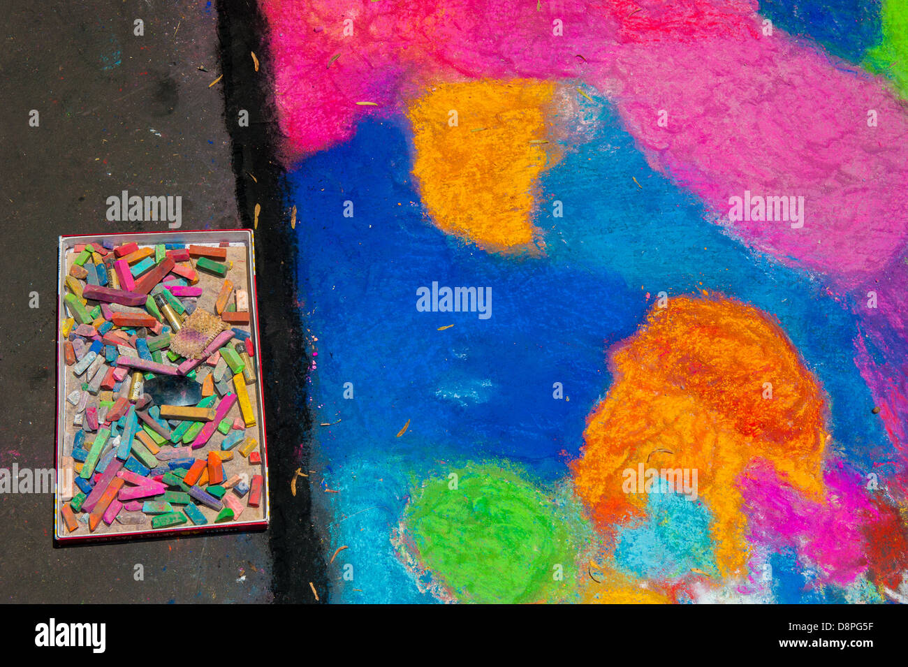 A section of a chalk painting & chalks at the 2013 Imadonnari Street ...