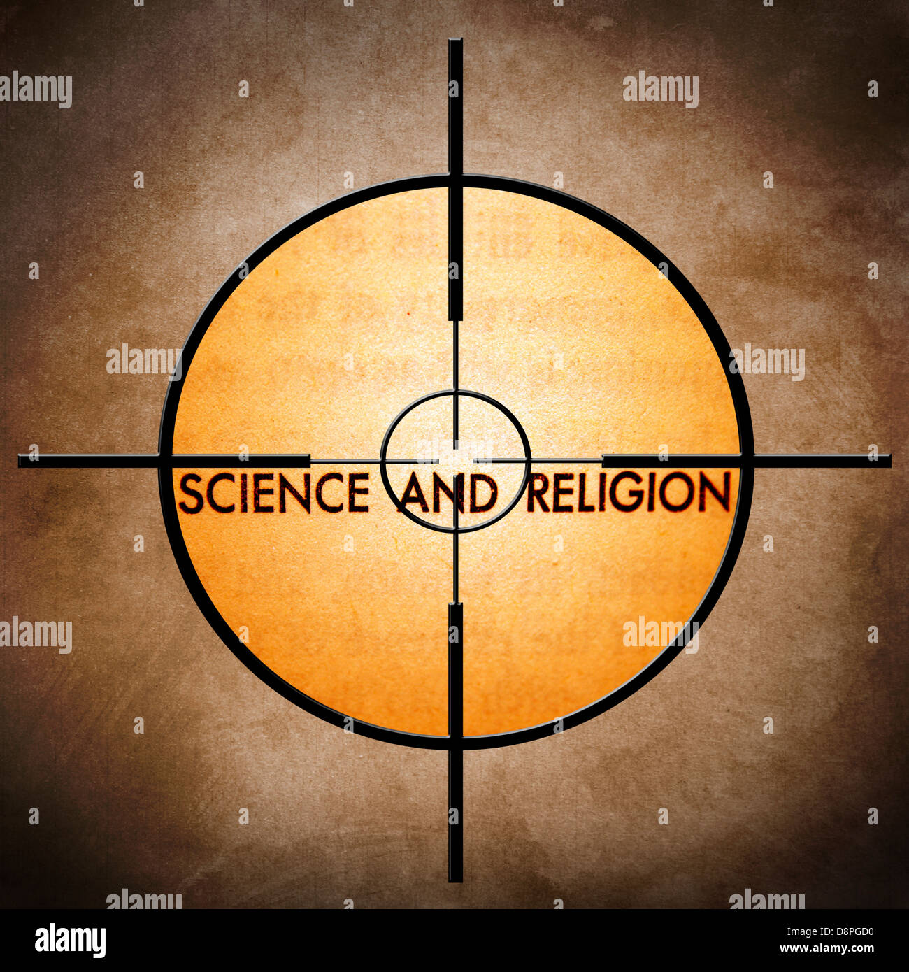 Science and religion text on target Stock Photo - Alamy