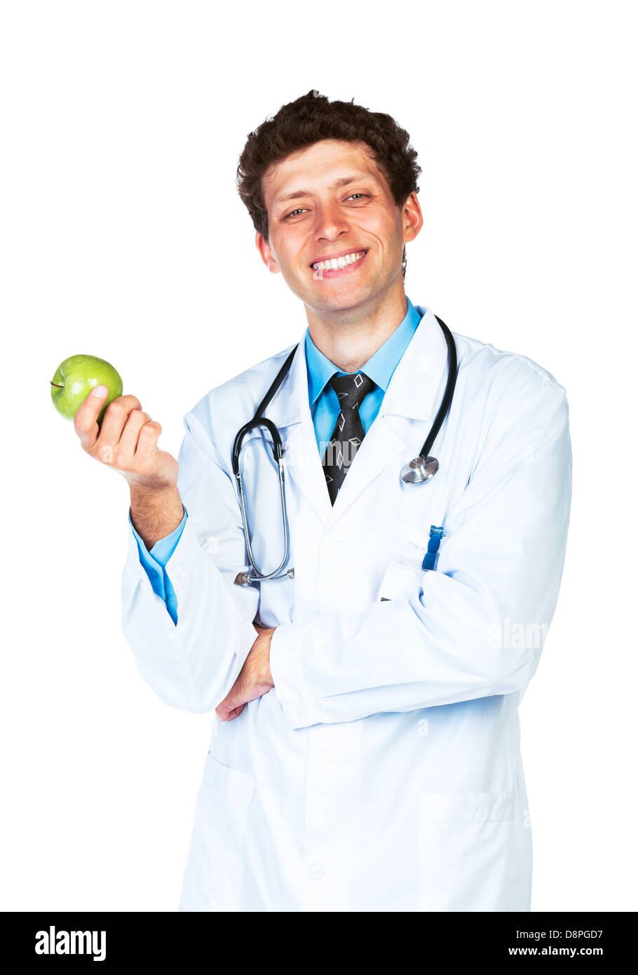 Portrait of a smiling male doctor holding green apple on white ...
