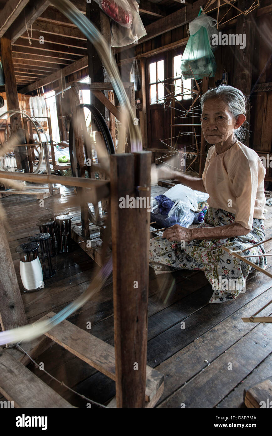 Lotus weaver at weaving centre Inle Lake Myanmar Burma Stock Photo - Alamy